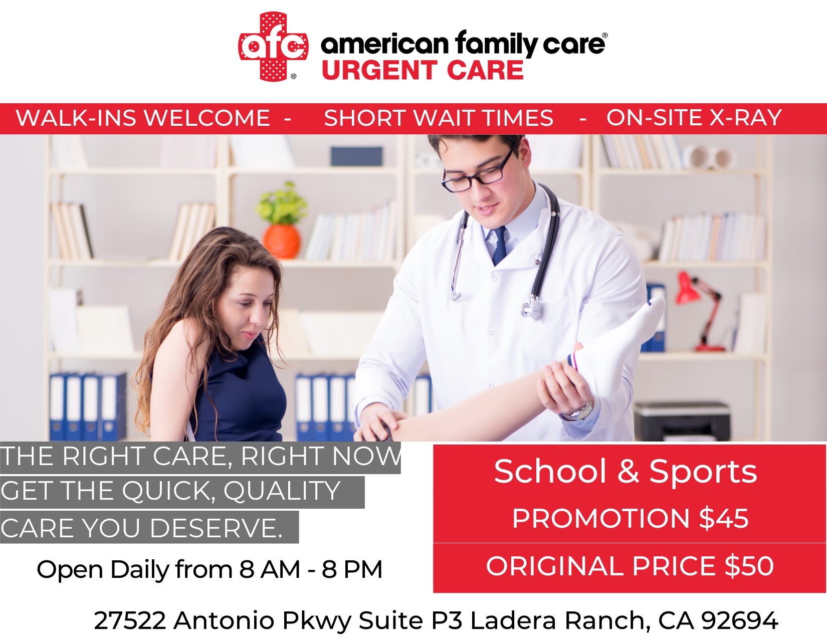 Promotional Offers Available at AFC Urgent Care Ladera Ranch